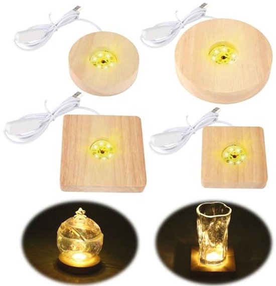 Led-sokkel voor Acrylglas - 4 Stuks Hout met USB-kabel - Vierkant/Rond ...