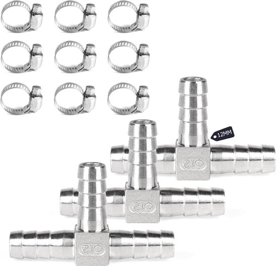 3-delige T-Stuk Slangkoppeling 12mm RVS 304 - 3-weg Slangverbinder met ...