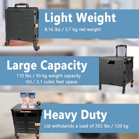 Opvouwbare winkelwagen met hoge capaciteit - 1,93 m3/50 kg - Roestvrij ...