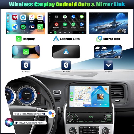 1 Din Auto Radio 7 Inch Uitklapbaar Scherm met Draadloze CarPlay ...