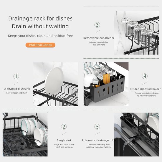 Groot 2-laags Afdruiprek met Afvoergoot en Bestekhouder - Vaat Droogrek ...