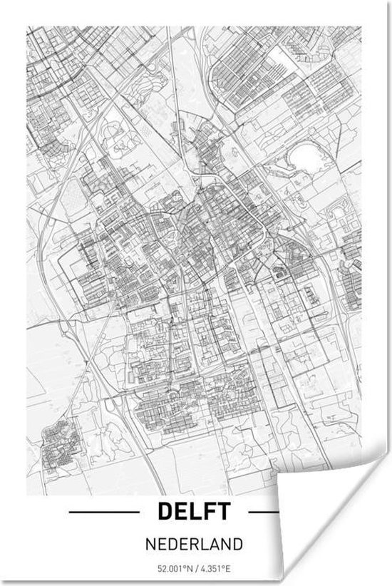 Poster Stadskaart Delft - 60x90 cm - Plattegrond | bol