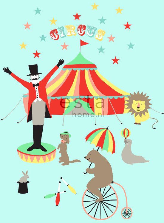 ESTAhome fotobehang circus figuren turquoise, rood, geel, roze, bruin ...