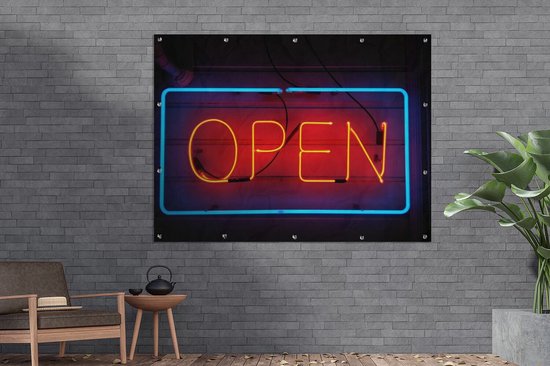 Muurdecoratie buiten Een verlicht bord met de tekst open - 160x120 cm ...
