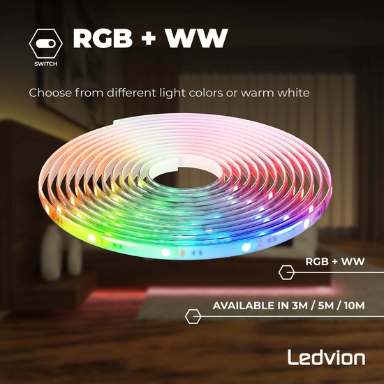 Ledvion Dimbare LED Strip, RGB 3000K, 24V, 23W, 10M, Plug & Play ...