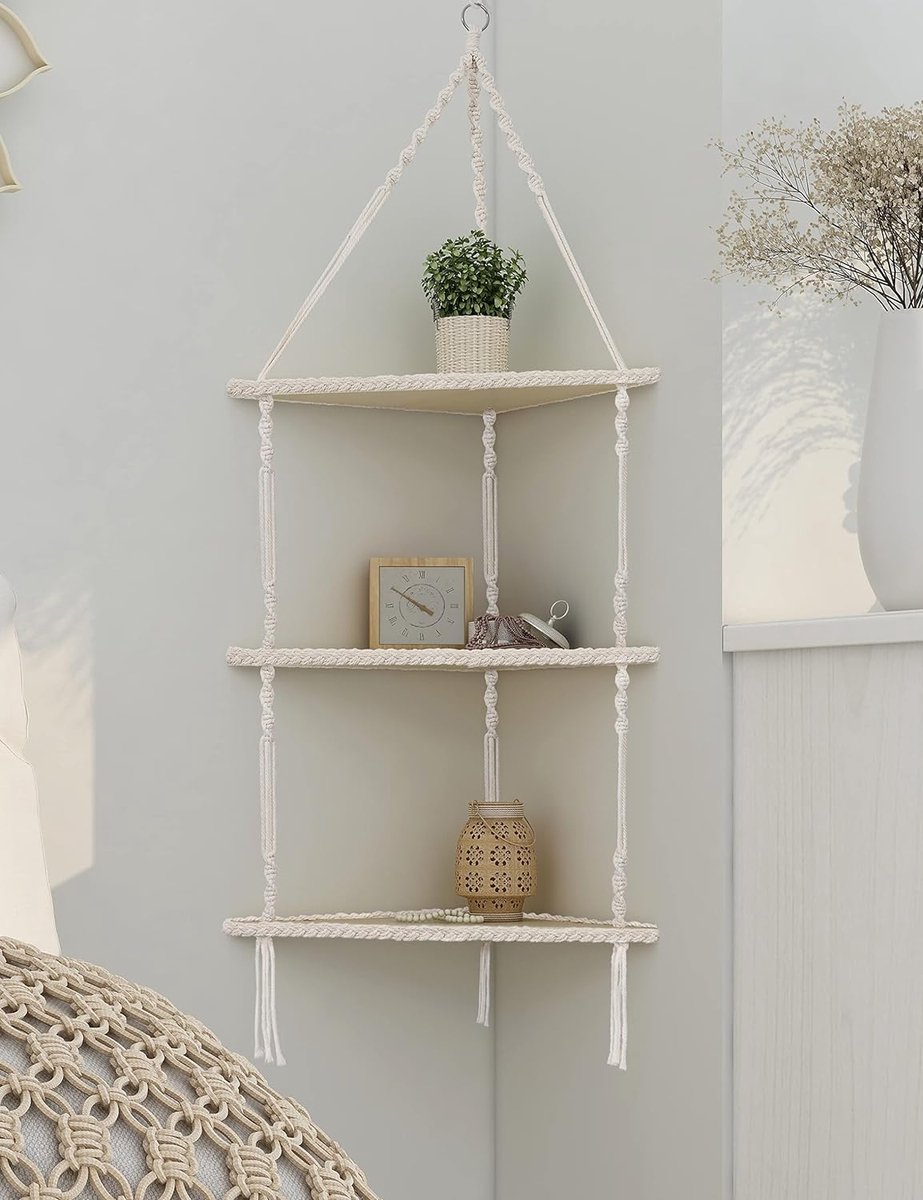 Hangplank houten hoekplank witte wandplank Boho macrame muurophangplank ...