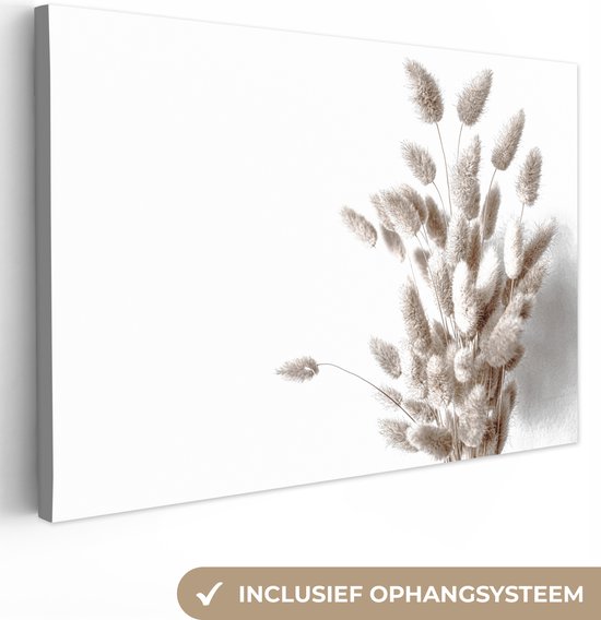 Canvas Schilderij Planten - Pluimen - Wit - 140x90 cm - Wanddecoratie | bol