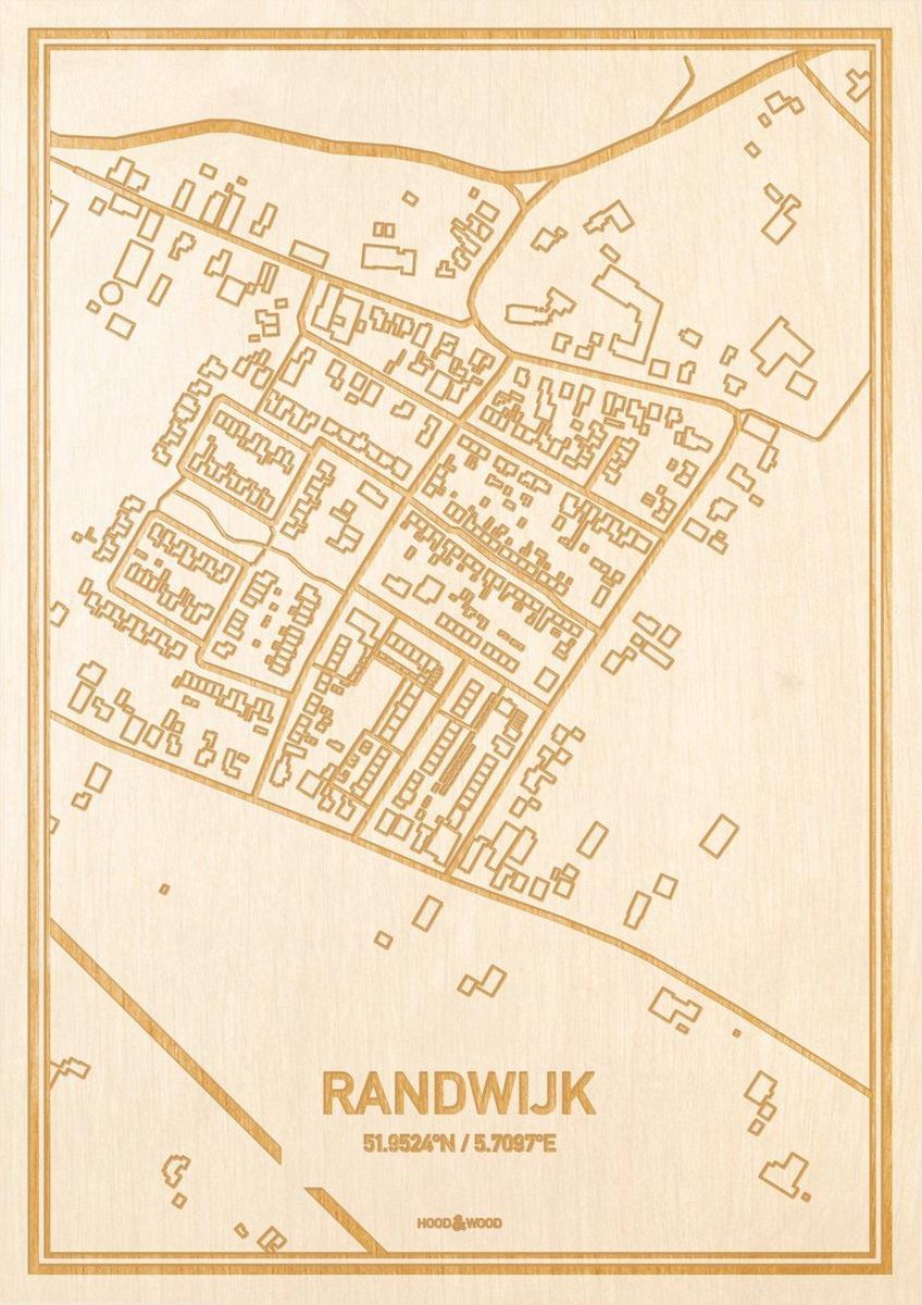 Kaart Randwijk - Gegraveerde stadskaart Hood&Wood - Hout, A4 | bol.com