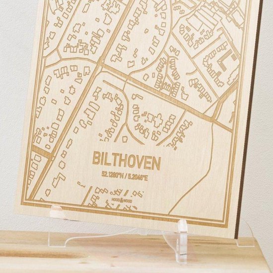 Kaart Bilthoven - Gegraveerde stadskaart Hood&Wood - Hout, A4 | bol.com