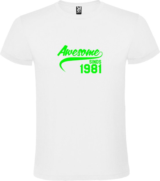 Wit T-Shirt met “Awesome sinds 1981 “ Afbeelding Neon Groen Size L ...