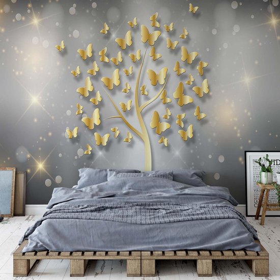 Fotobehang - Vlies Behang - Boom van Goud en Gouden Vlinders - Kunst - 254 x 184 cm | bol