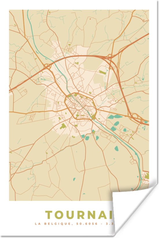 Poster Kaart - België - Tournai - Stadskaart - Plattegrond - 60x90 cm ...