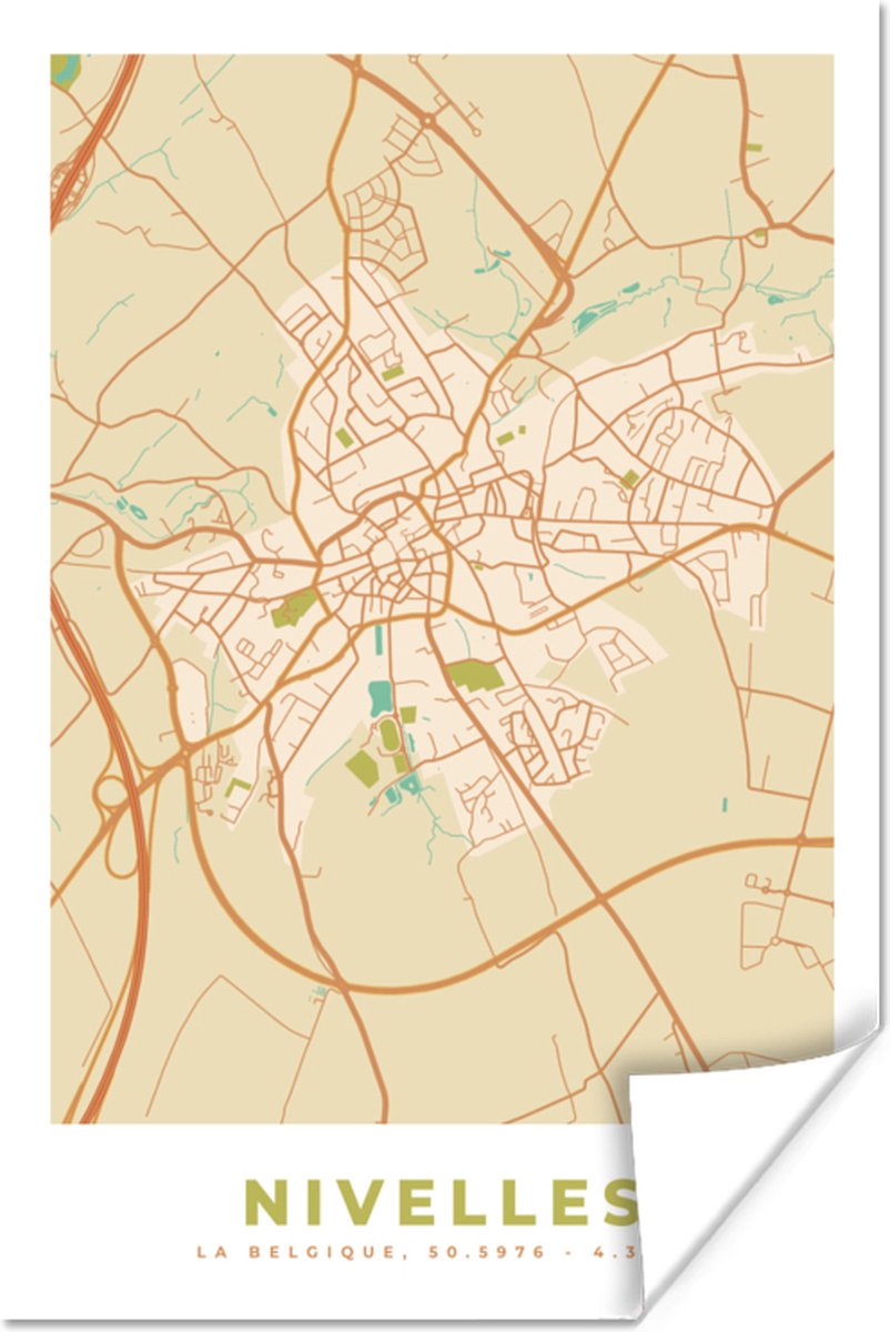 Poster Vintage - Nivelles - Kaart - Plattegrond - Stadskaart - 80x120 ...