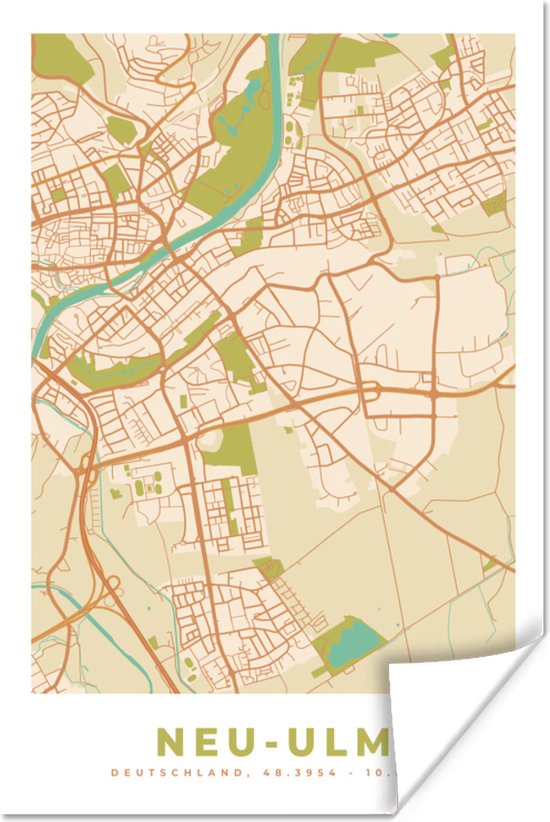 Poster Stadskaart - Neu-Ulm - Kaart - Plattegrond - Vintage - 80x120 cm ...