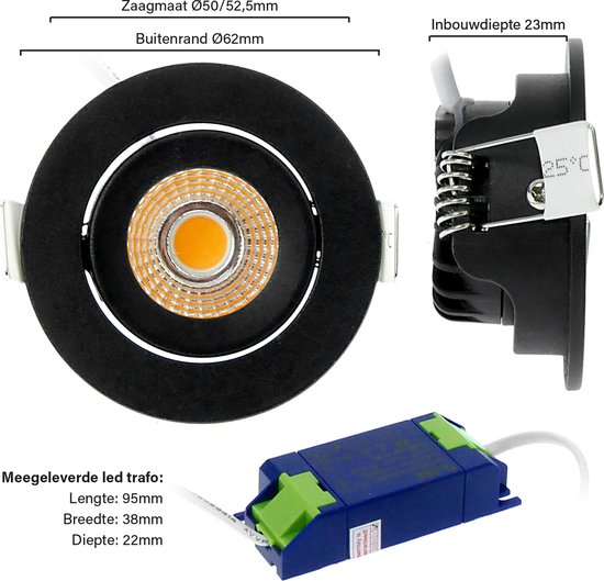 LED Inbouwspots Zwart - 5W – IP54 – 2700K - Kantelbaar | bol