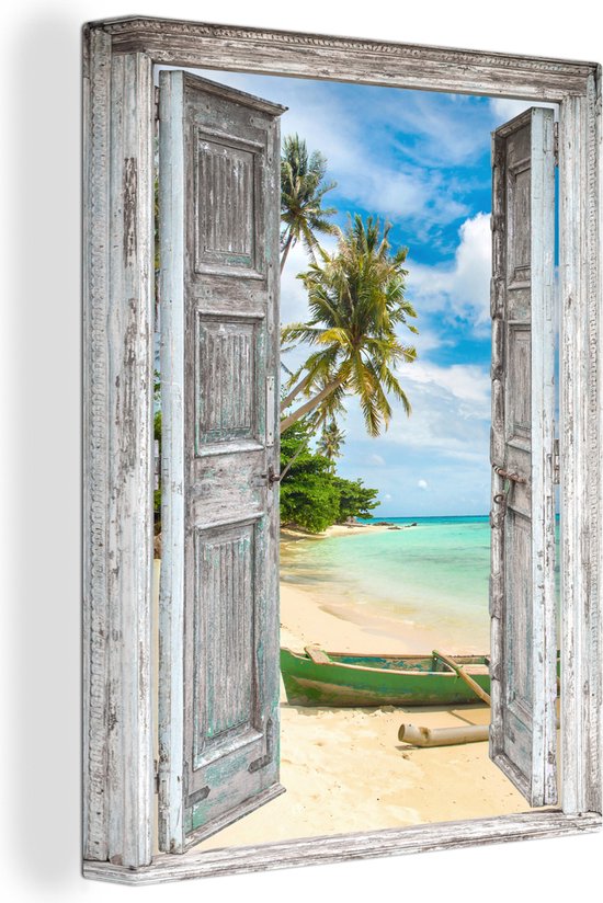 Tableau Peinture Canoë - Plage - Palmier - Plage - Vue Traversante ...