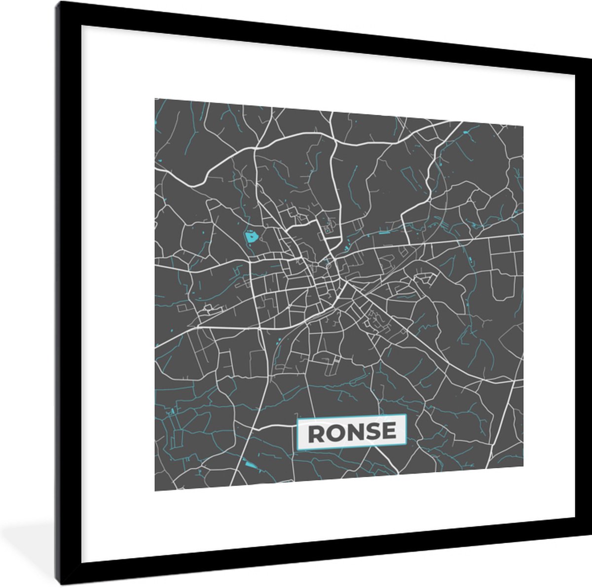 Fotolijst incl. Poster - België – Ronse – Stadskaart – Kaart – Blauw ...
