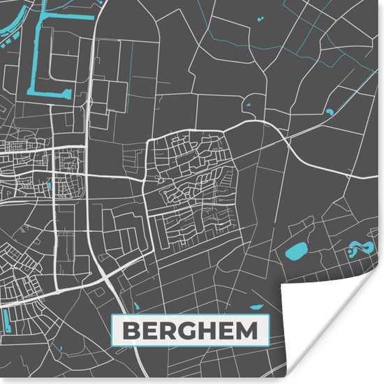 Poster Berghem - Blauw - Kaart - Plattegrond - Stadskaart - 100x100 cm ...