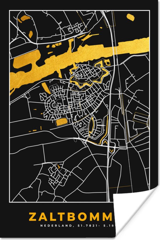 Poster Zaltbommel - Black and Gold - Stadskaart - Plattegrond - Kaart ...