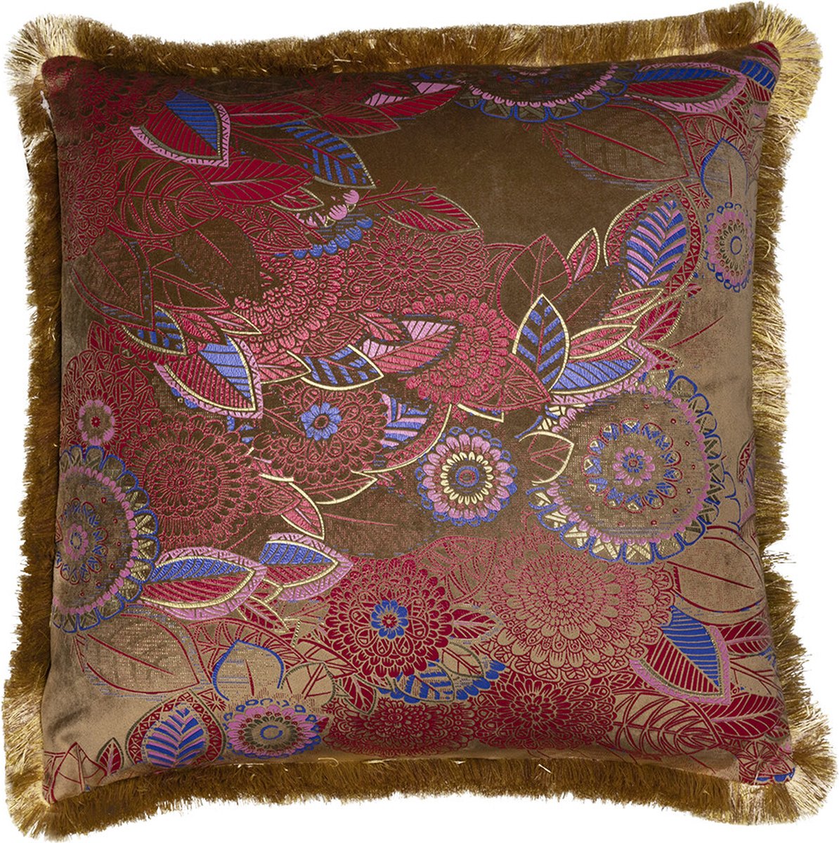 Kussen fluweel gouden franjes bloemig taupe 45x45cm | bol.com