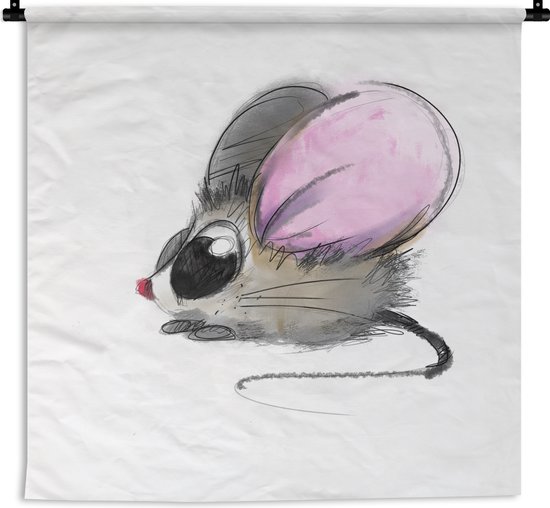 Wandkleed - Wanddoek - tekening van een muis met grote oren - 60x60 cm ...