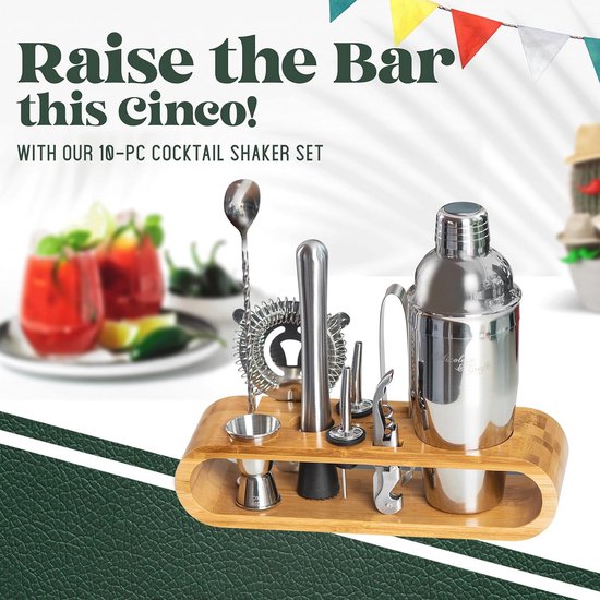 Complete 10-delige Cocktailshakerset voor Thuisbarman met Bamboehouder en Bartools | bol