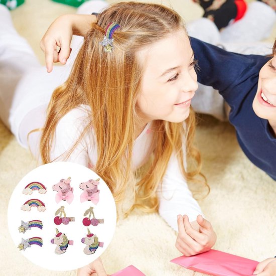 10 stuks glitter haarspeld set - regenboog, kersen, eenhoorn, glanzend ...