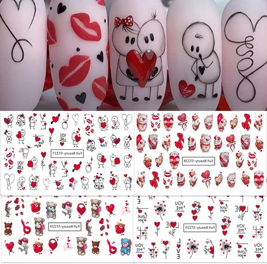3D Nail Art Stickers - Set van 4 vel rode harten en cartoon designs ...