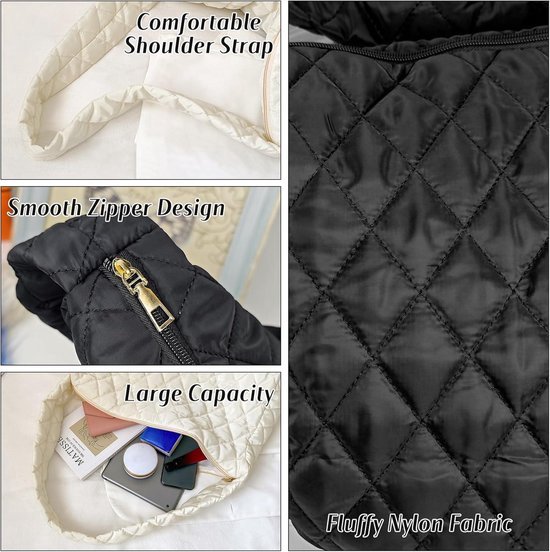 Gewatteerde nylon grote tote bag - Puffy tote bag met ritssluiting ...