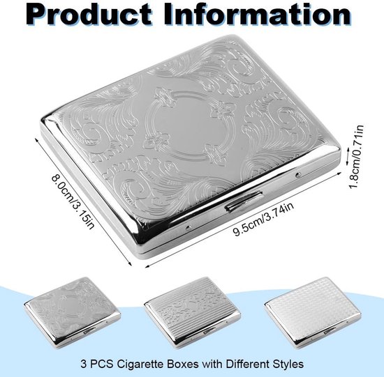 Cigarette Case for 20 Cigarettes - Pack of 3 Stainless Steel Boxes for ...