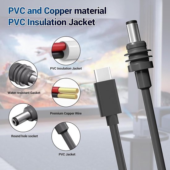 USB C Naar DC-voedingskabel - 65W+ PD Power Bank 100W USB Type C-ingang ...