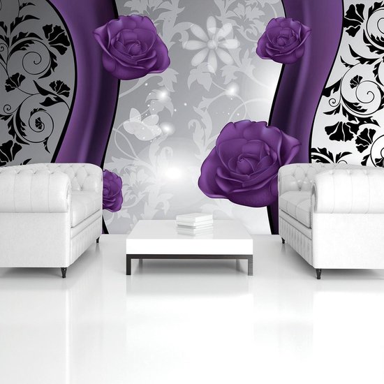 Fotobehang - Vlies Behang - Paarse Rozen in een Abstract Patroon - 312 ...
