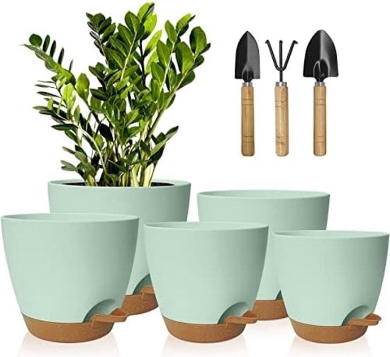 Bloempotten, 5 stuks kunststof, met irrigatiesysteem, 17,8/16,5/15,2/13 ...