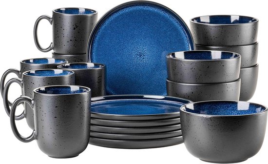 Niara modern 18-delig blauw-zwart keramisch serviesset voor 6 personen met vintage... | bol