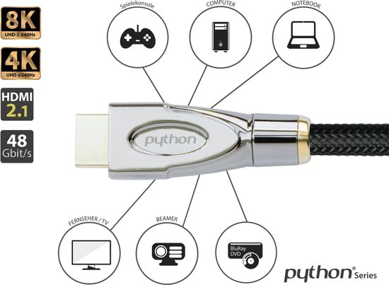 PYTHON HDMI kabel - versie 2.1 (8K 60Hz + HDR) / zwart - 1 meter | bol
