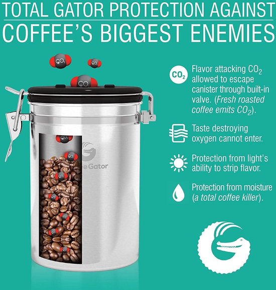 RVS Koffie Container - Canister met co2 Klep en Scoop Large Medium Grijs | bol