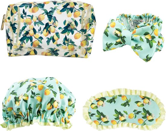 Spa Sleep Kit- Lemon Print Pamper Gift Set- Shower Cap Headband Sleep ...
