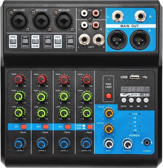 5-Kanaals Stereomixer met USB en Bluetooth - Professioneel Mengpaneel ...