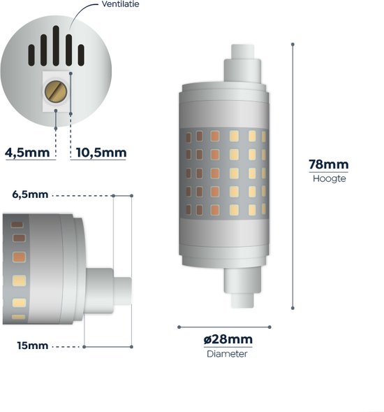 R7s led 78mm dimbaar, warm wit (2700K), 10W vervangt 100W, 78mm lengte ...