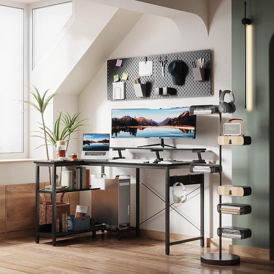 Hoekbureau zwart, L-vormig bureau met rek, omkeerbaar, gamingtafel, L ...