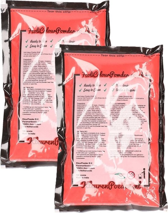 Zakje met Holi kleurpoeder - 2x - rood - 100 gram - feestartikelen ...