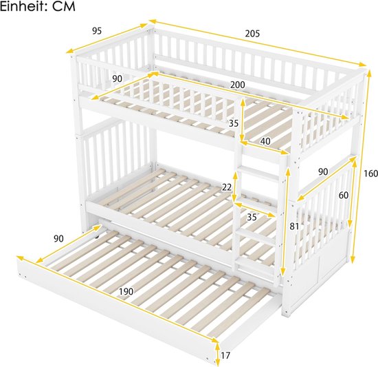 Stapelbed met uittrekbed - 2 eenpersoonsbedden - Houten hoogslaper met ...