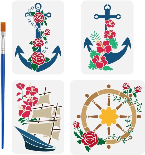 4-delige zeilboot schilderen stencil set met borstel - maritiem design ...