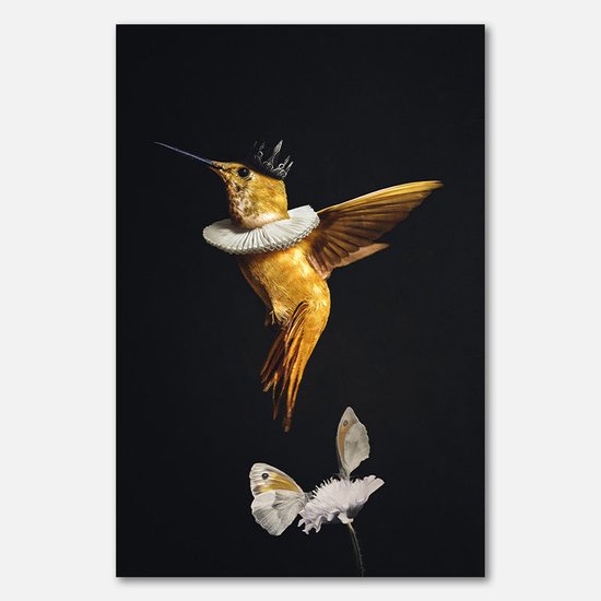 Schilderij op canvas - 80 x 120 cm - Kolibrie met kroon en vlinderbloem ...