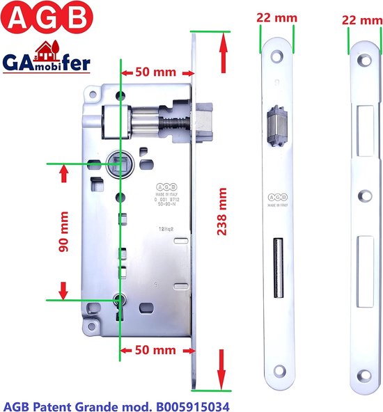 Inbouwslot voor binnendeur - Voorzijde 22 x 238 mm, Asafstand 90 mm ...