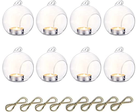 Hanging Glass Sphere Tealight Candlesticks for Home Decor - 8 cm - Set ...