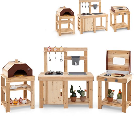 COSTWAY 3-in-1 modderkeuken met BBQ grill en pizzaoven, outdoor ...