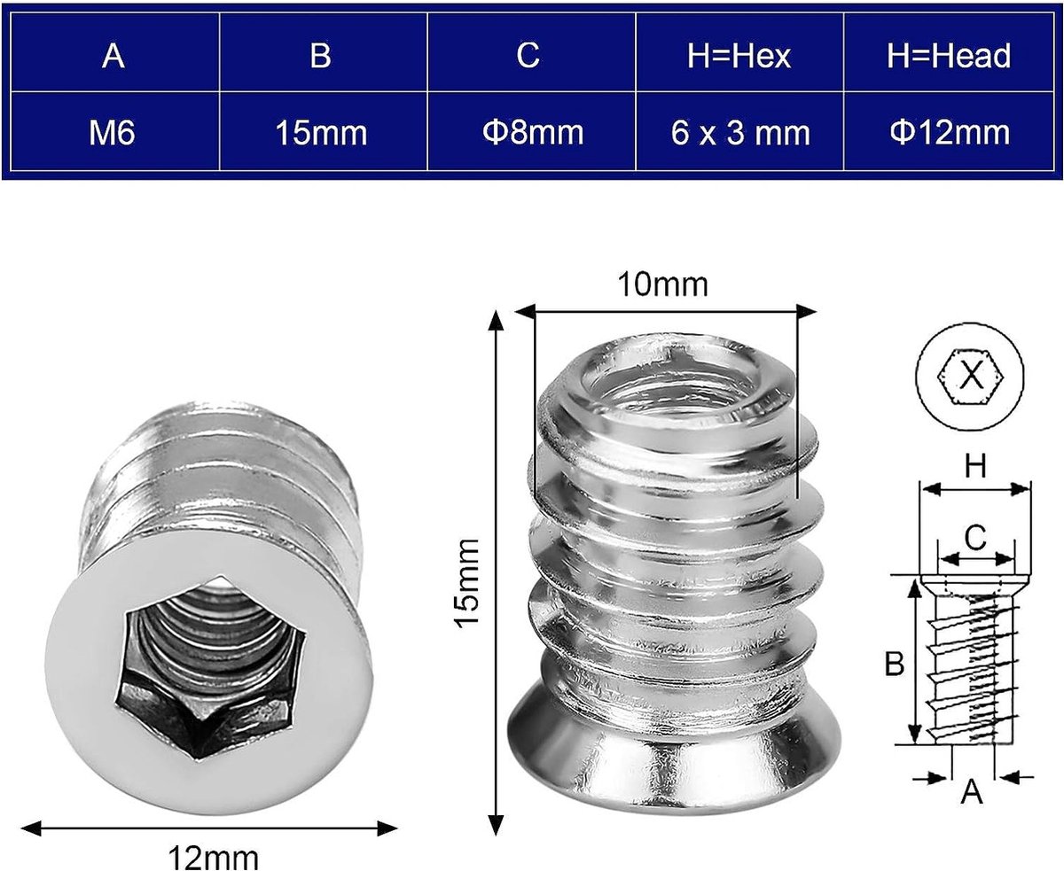 100 x Screw-In Nuts M6 Sockets Screw-In Sleeve M6 x 15 mm Screw-In Nut with Covering... | bol