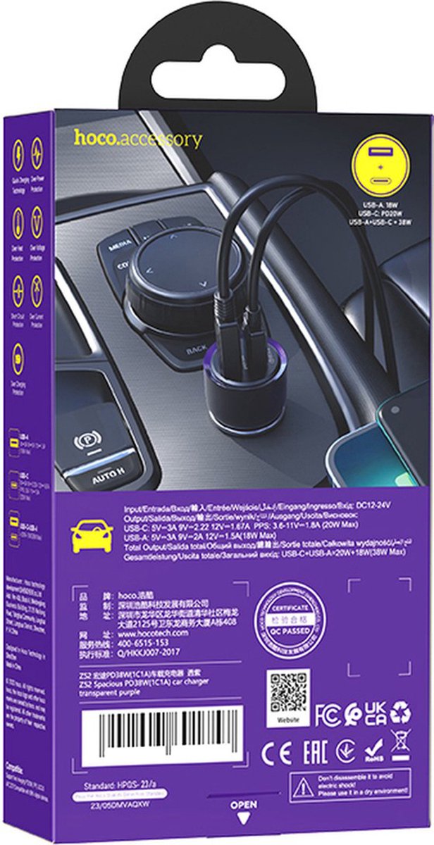 Hoco Autolader voor Oppo A98 - Type C Kabel (1 Meter) & Auto Stekker ...