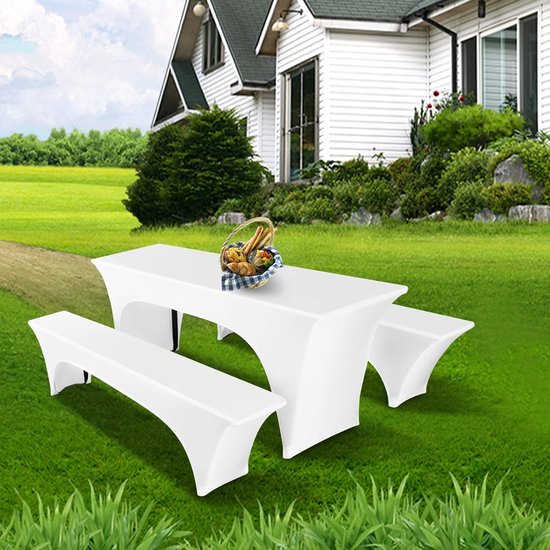 Set of 3 beer table covers, white stretch beer table and bench set ...